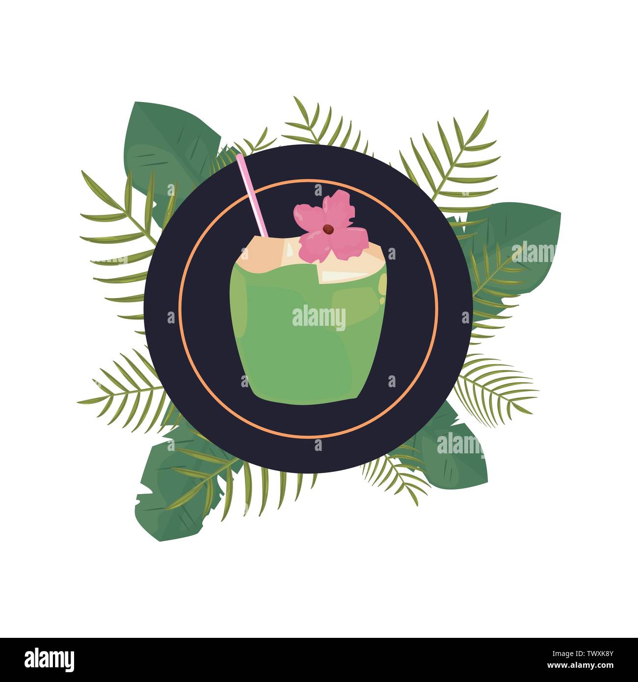 summer time holiday coconut drink badge tropical leaves vector ...