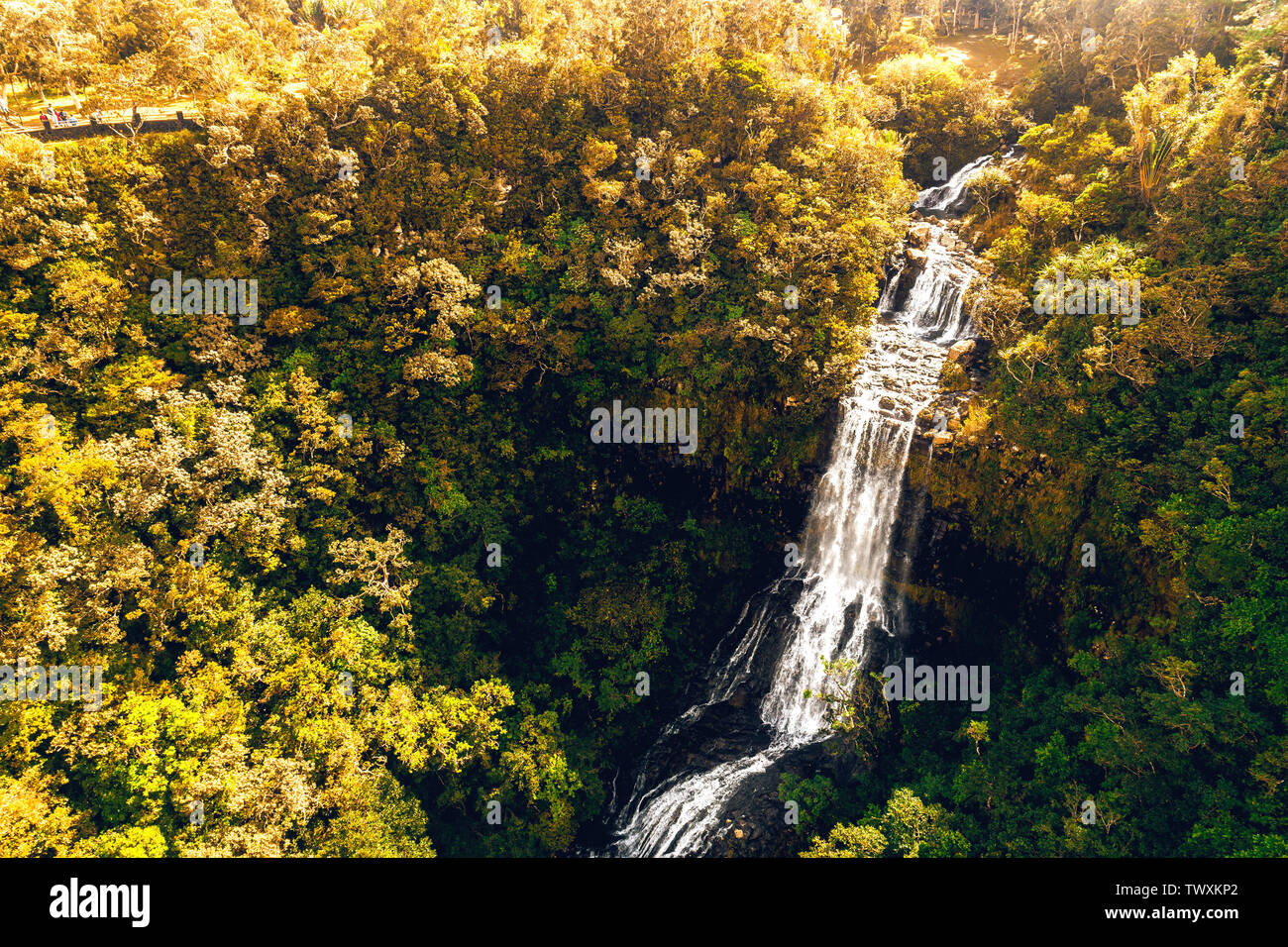 Aerial drone view of remote Alexandra Falls in Black River national ...