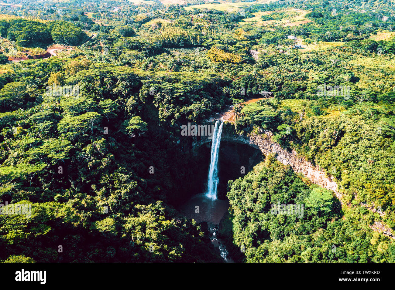 Aerial drone view of most famous waterfall Chamarel on paradise island ...