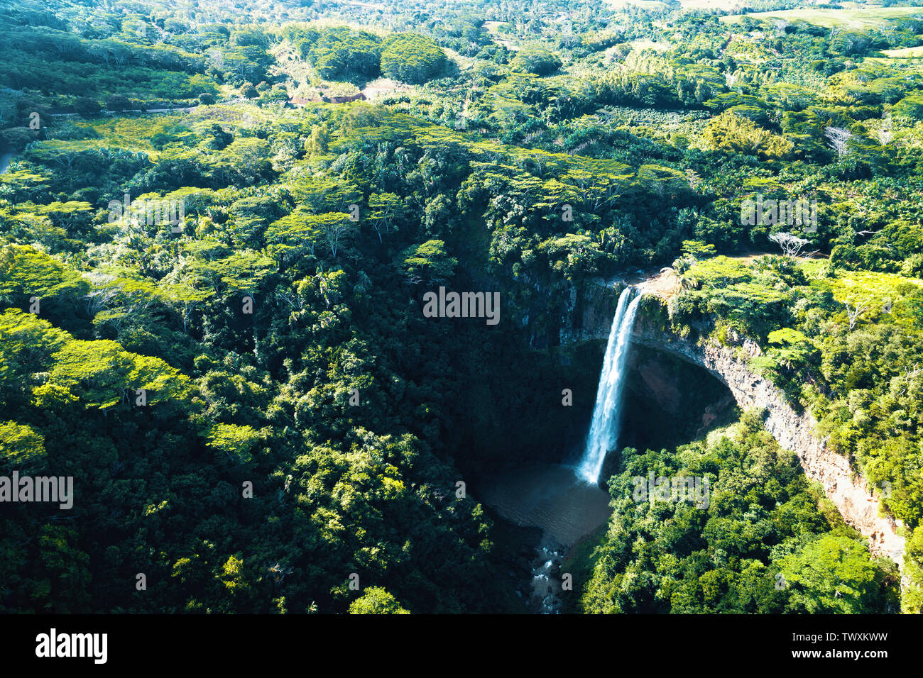 Aerial drone view of most famous waterfall Chamarel on paradise island ...
