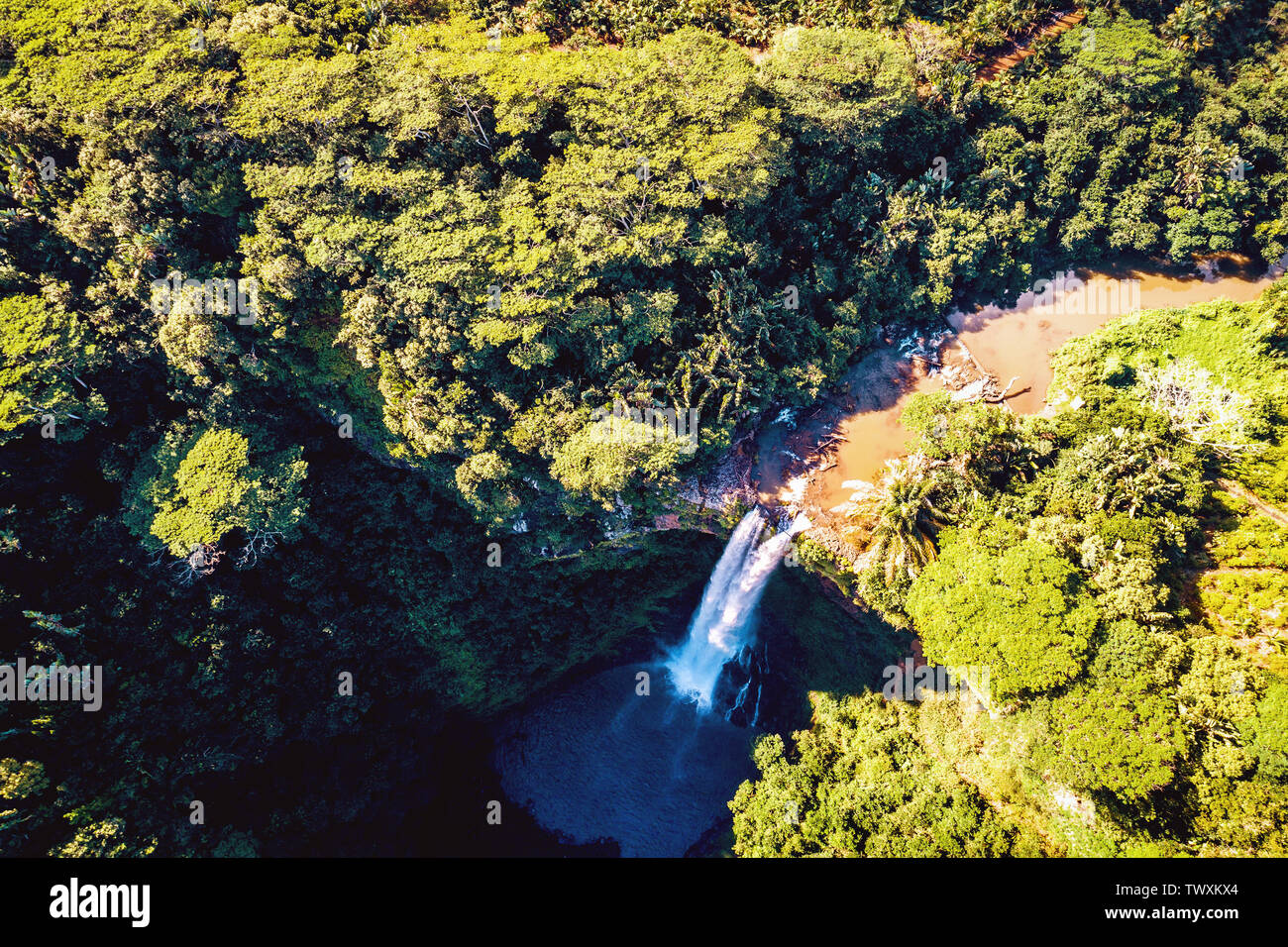 Aerial drone view of most famous waterfall Chamarel on paradise island ...