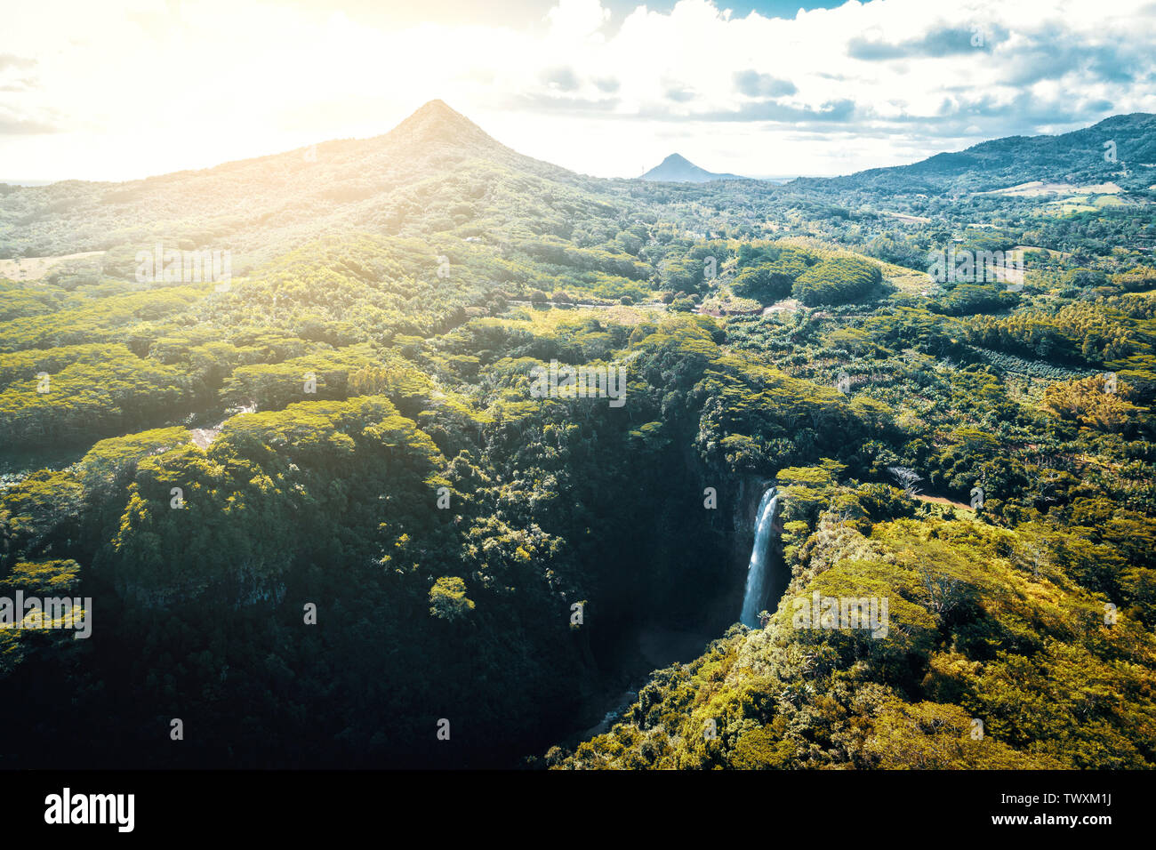 Aerial drone view of most famous waterfall Chamarel on paradise island ...