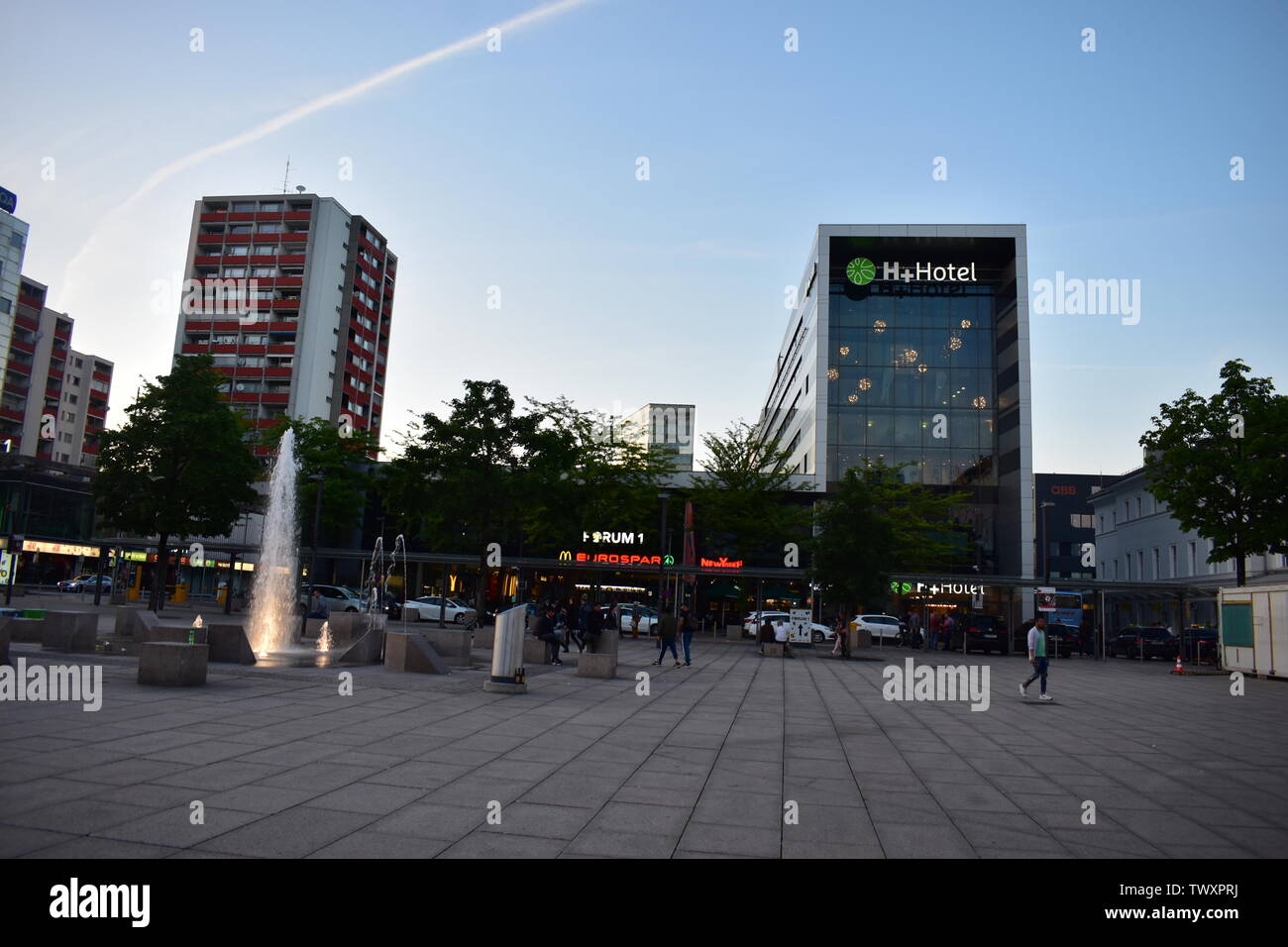 evening photo outside the entrance of OBB train station in Salzburg ...