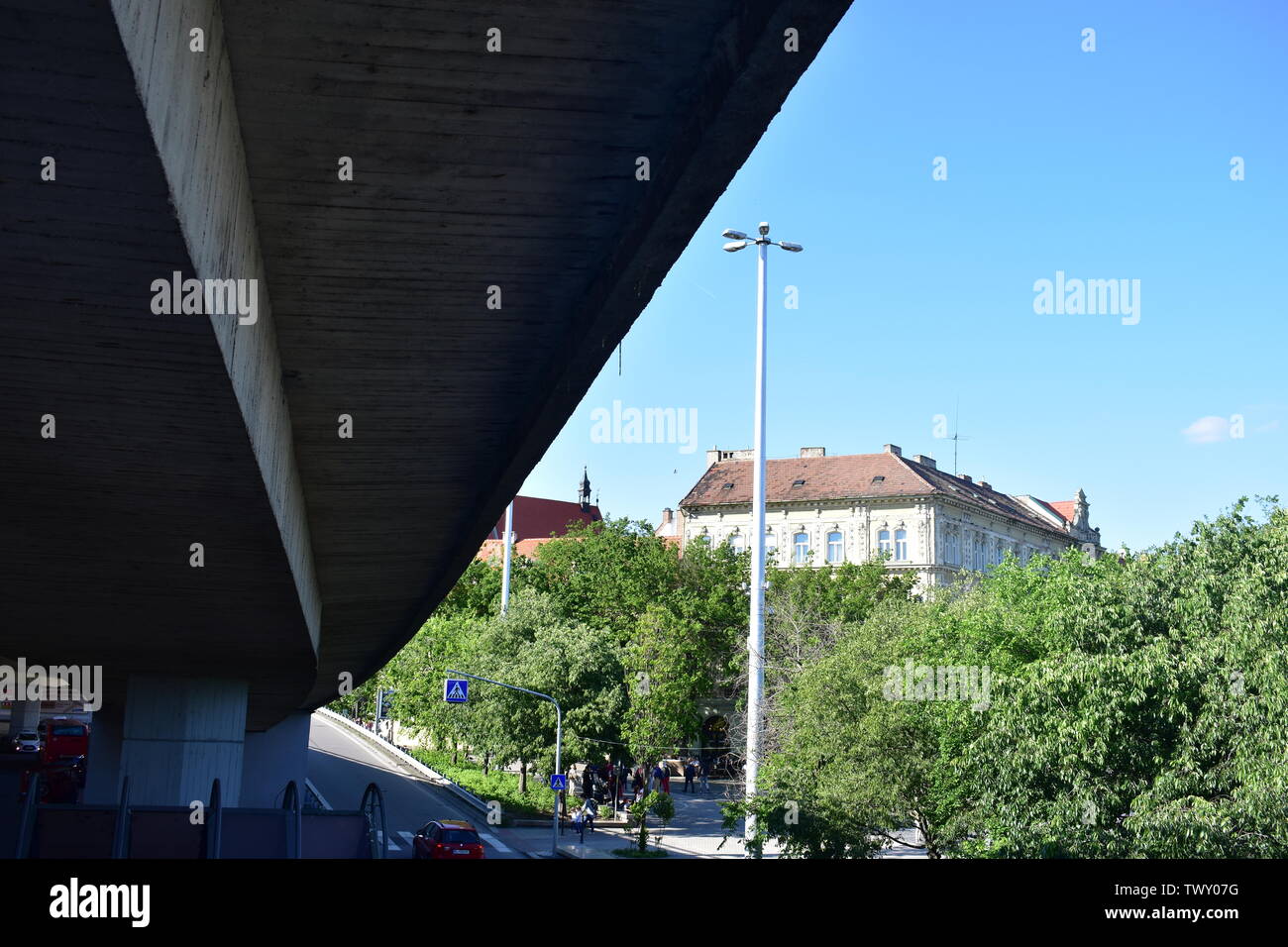 far view of the historic center taken from below the Most SNP bridge in ...
