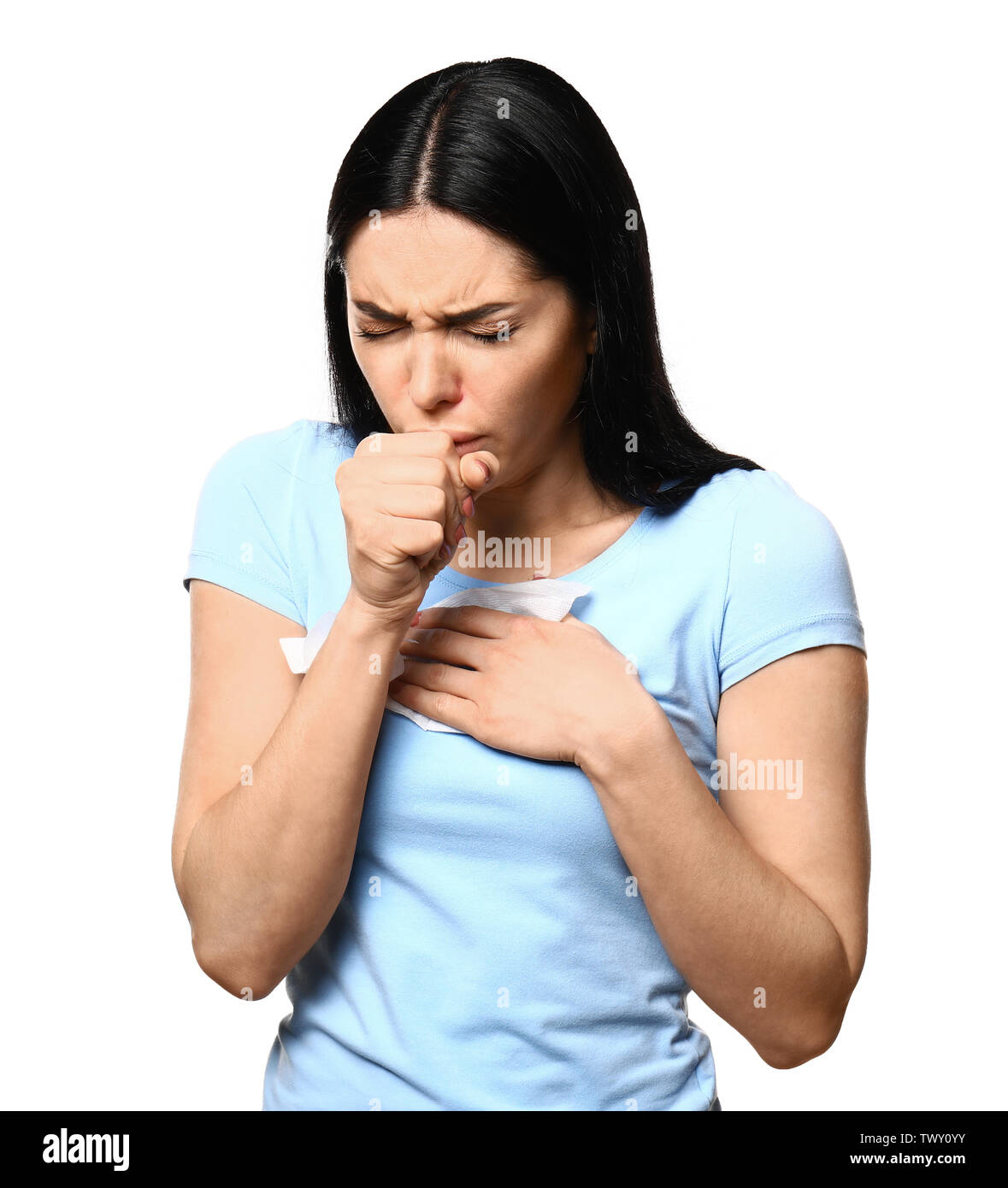 Coughing young woman on white background Stock Photo - Alamy