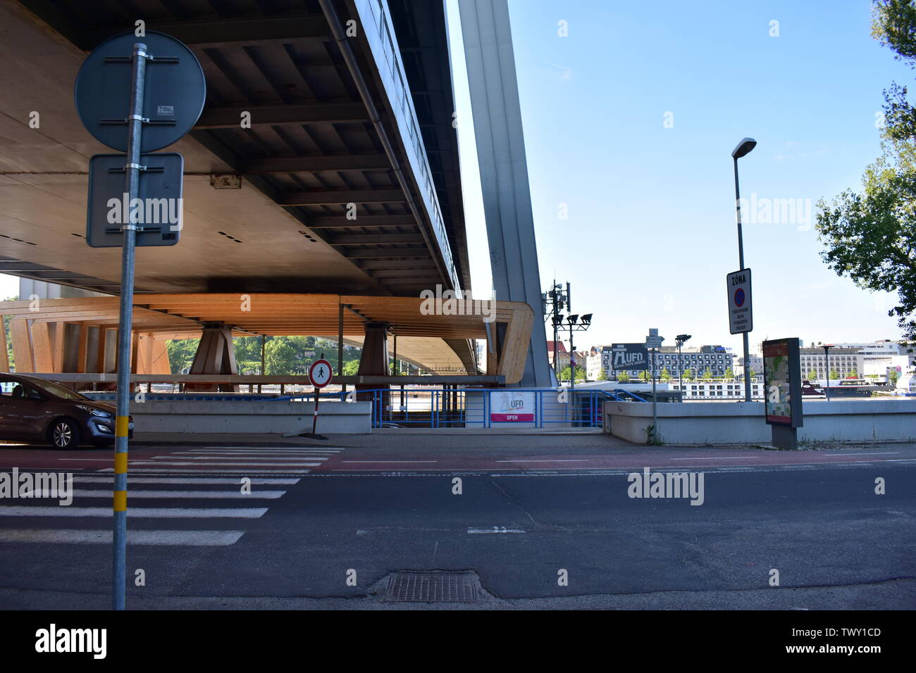 Photo of empty street located below the Most SNP bridge in Bratislava ...