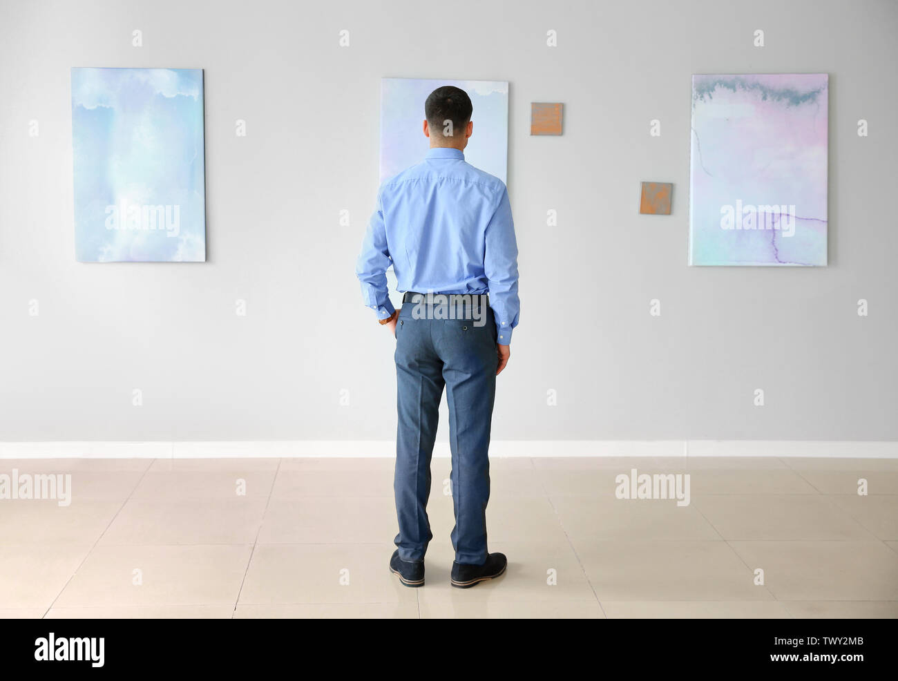 Man at exhibition in modern art gallery Stock Photo - Alamy