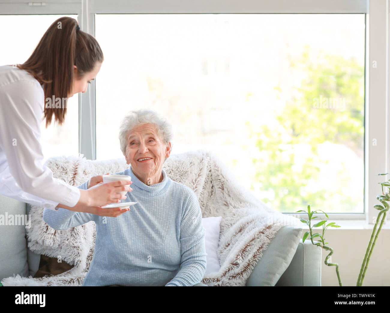 Doctor giving tea to senior woman in nursing home Stock Photo - Alamy