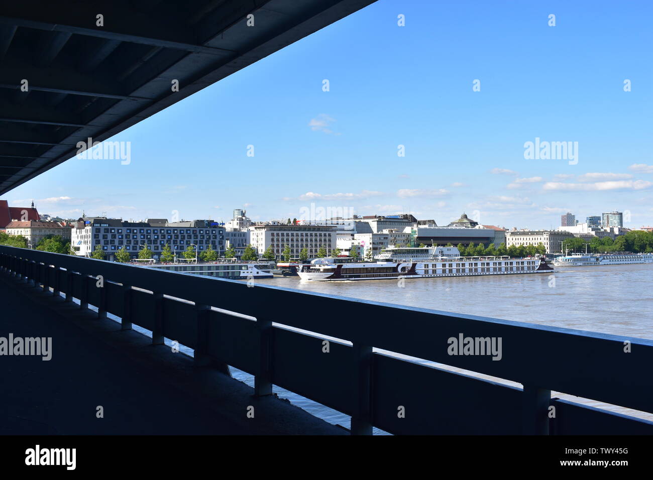 perspective view of Danube river from the shade of Most SNP bridge ...