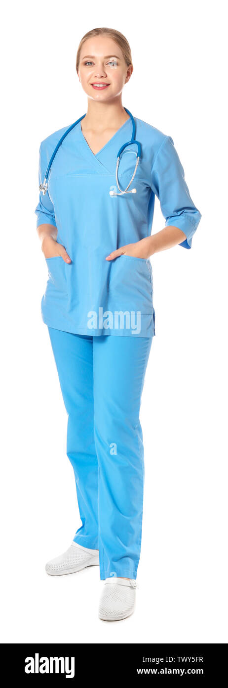 Young medical assistant on white background Stock Photo - Alamy