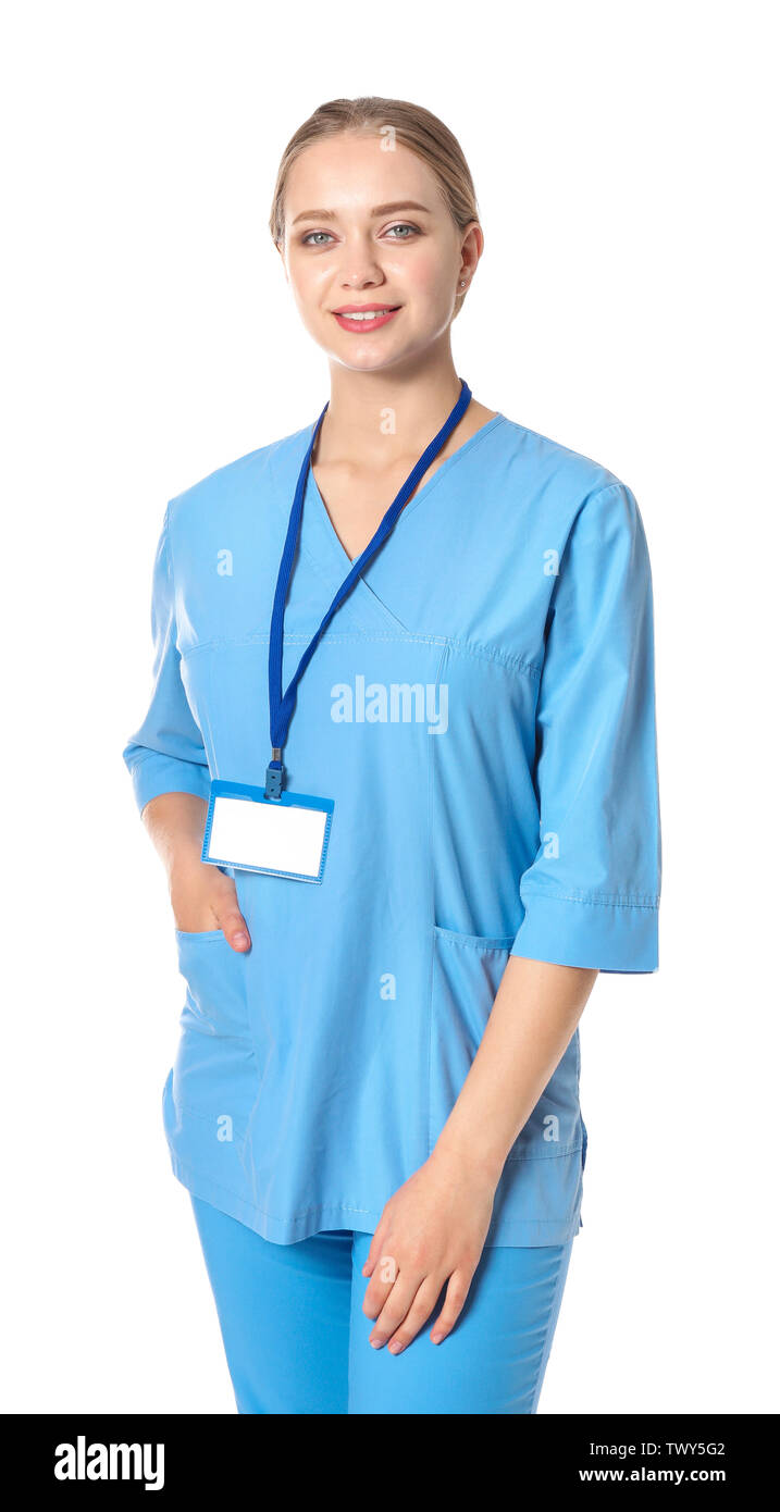 Young medical assistant on white background Stock Photo - Alamy