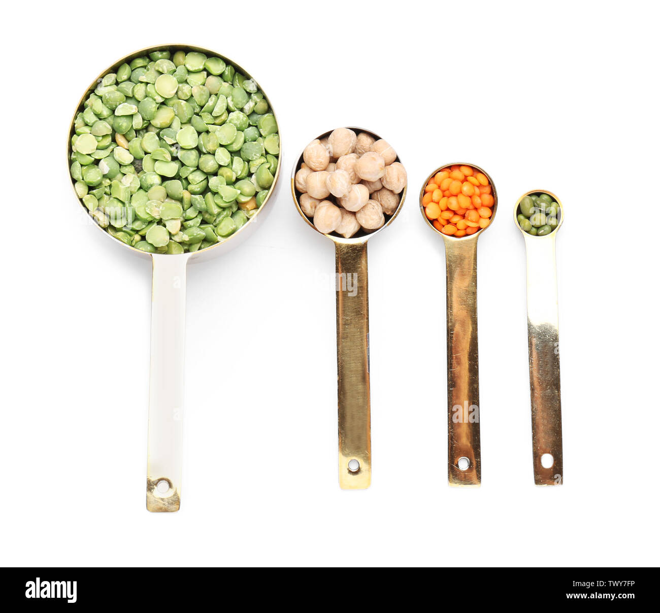 Scoops with different legumes on white background Stock Photo - Alamy