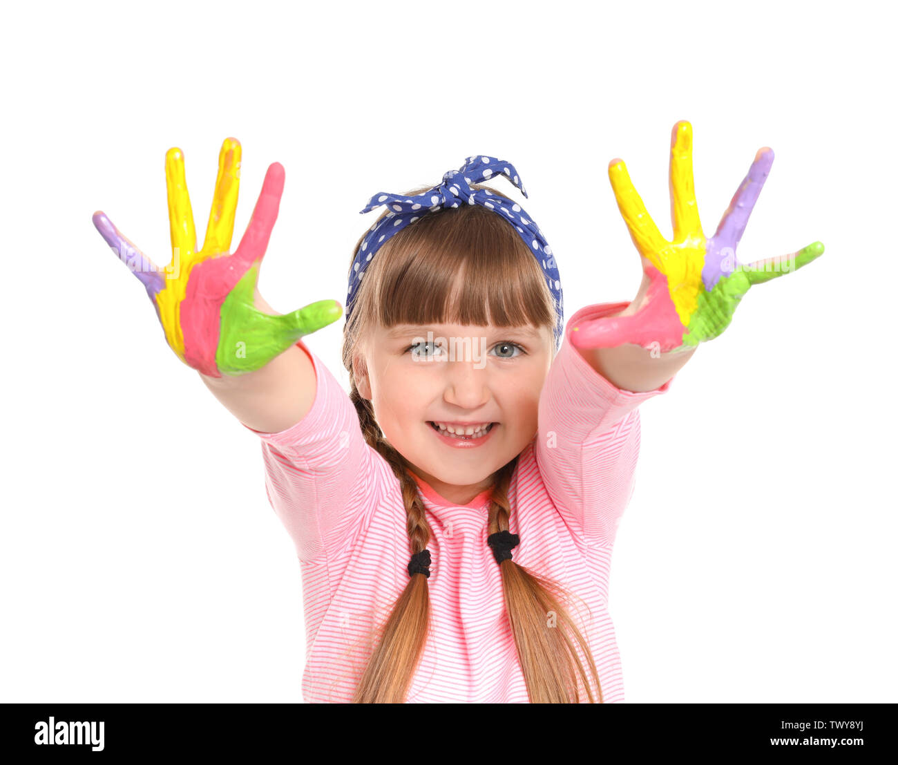 Cute little girl with hands in paint on white background Stock Photo ...