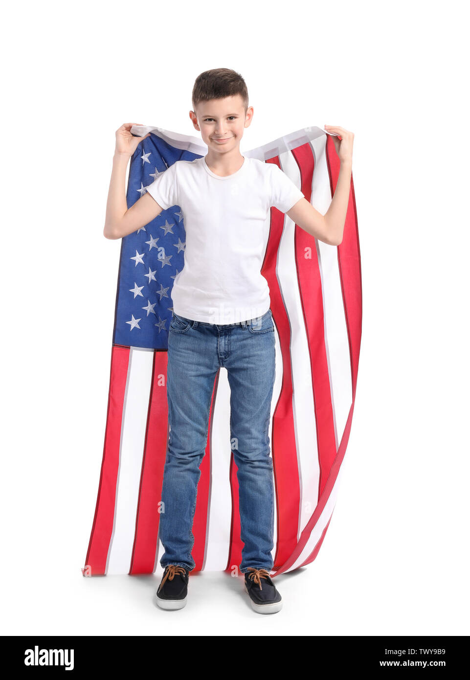 Cute boy with national flag of USA on white background Stock Photo - Alamy