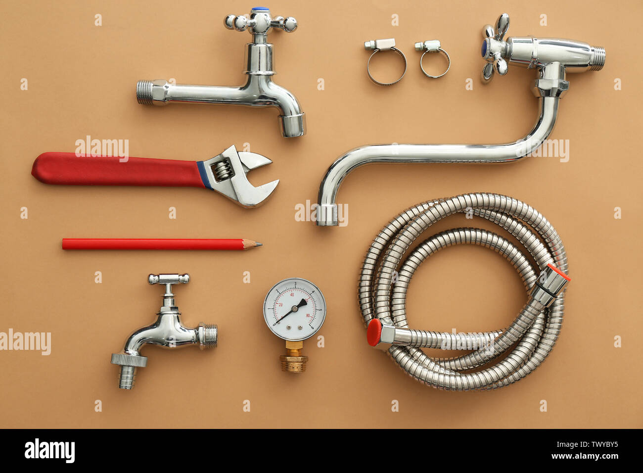 Set of plumbing items on color background Stock Photo - Alamy