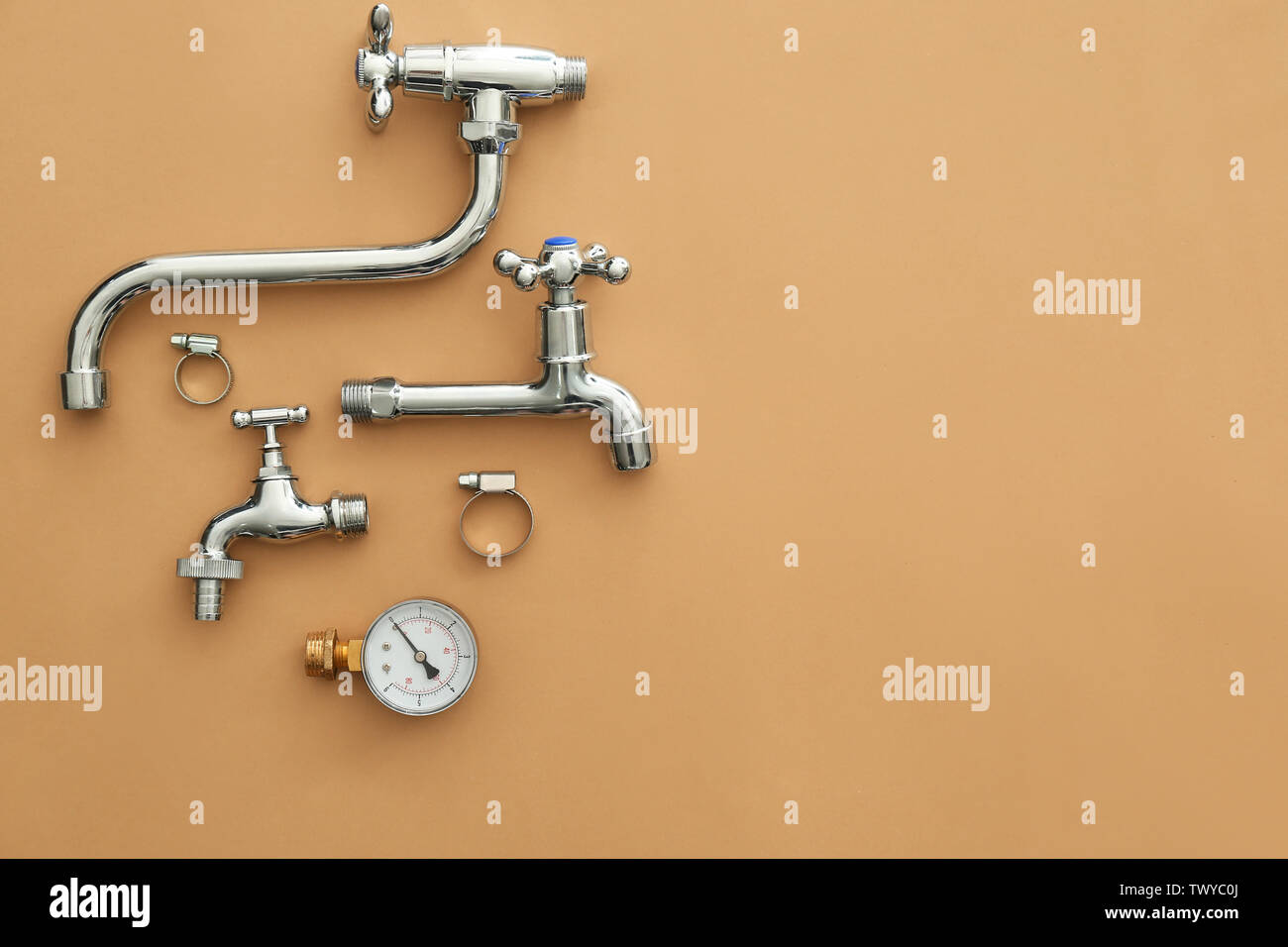 Set of plumbing items on color background Stock Photo - Alamy
