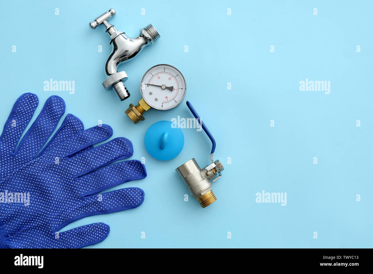 Set of plumbing items on color background Stock Photo - Alamy