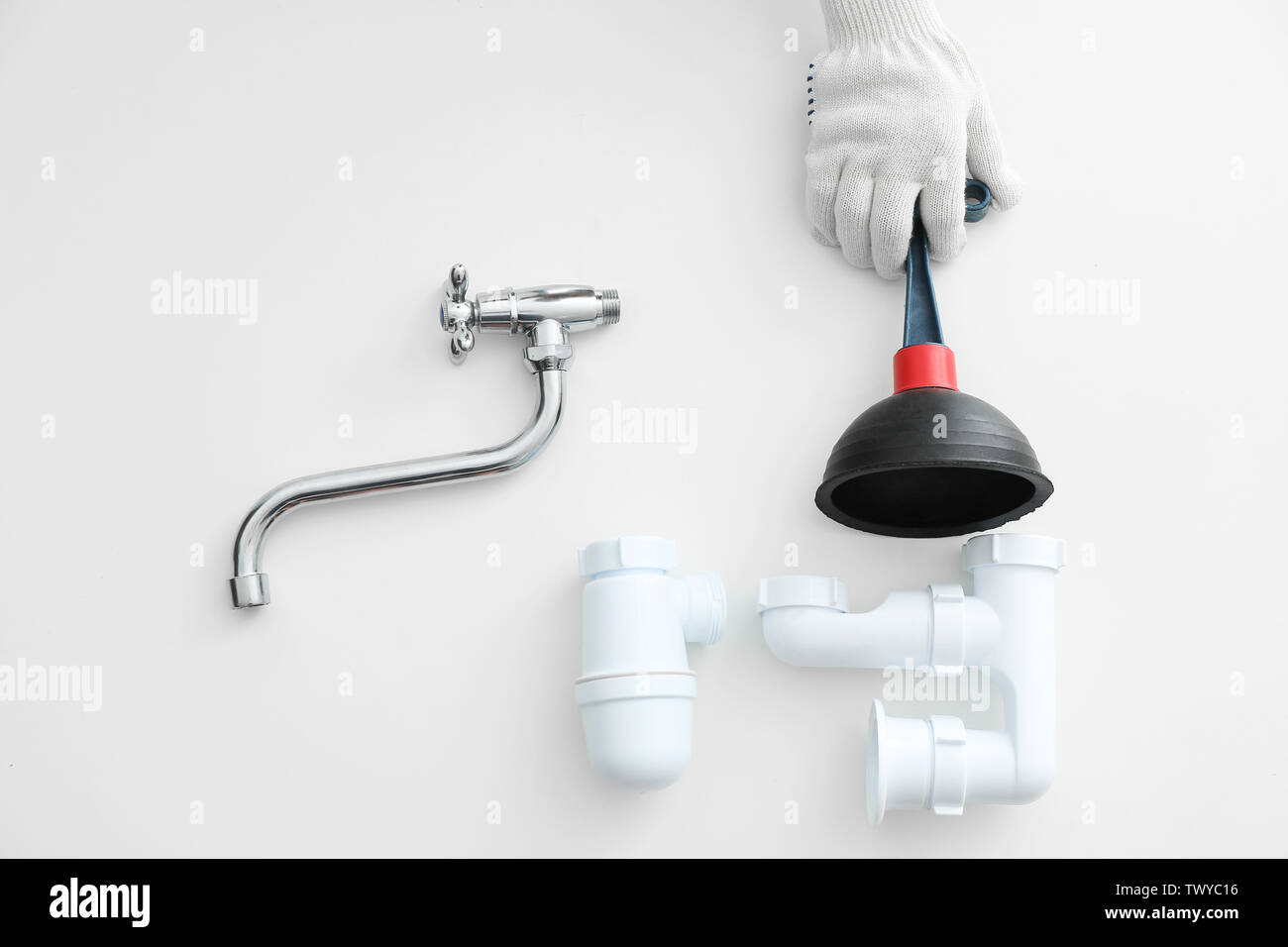 Set of plumbing items on white background Stock Photo - Alamy