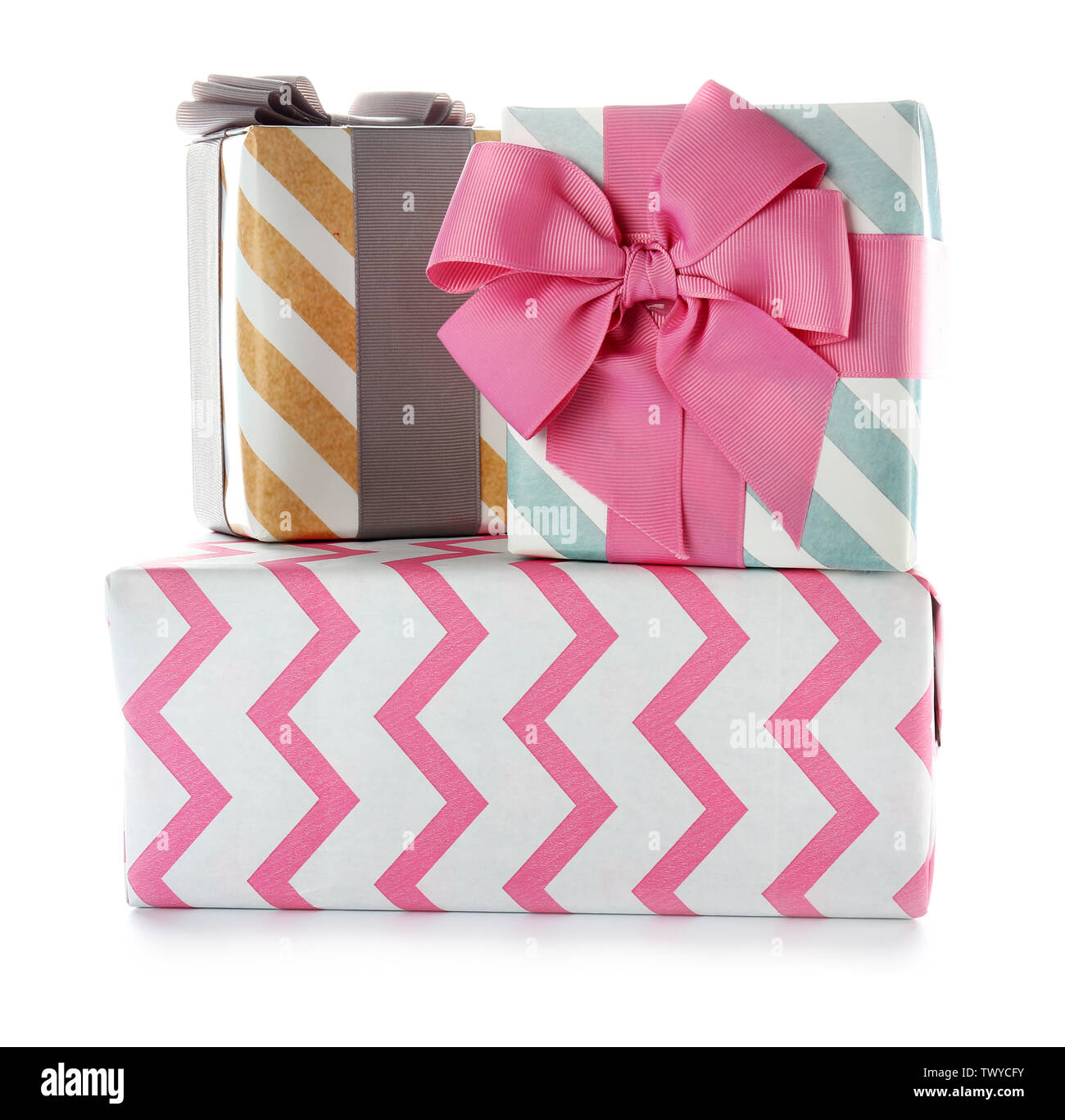 Beautiful gift boxes on white background Stock Photo - Alamy