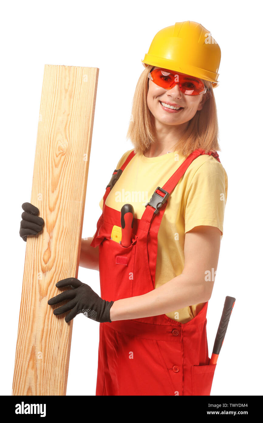 Female carpenter on white background Stock Photo - Alamy