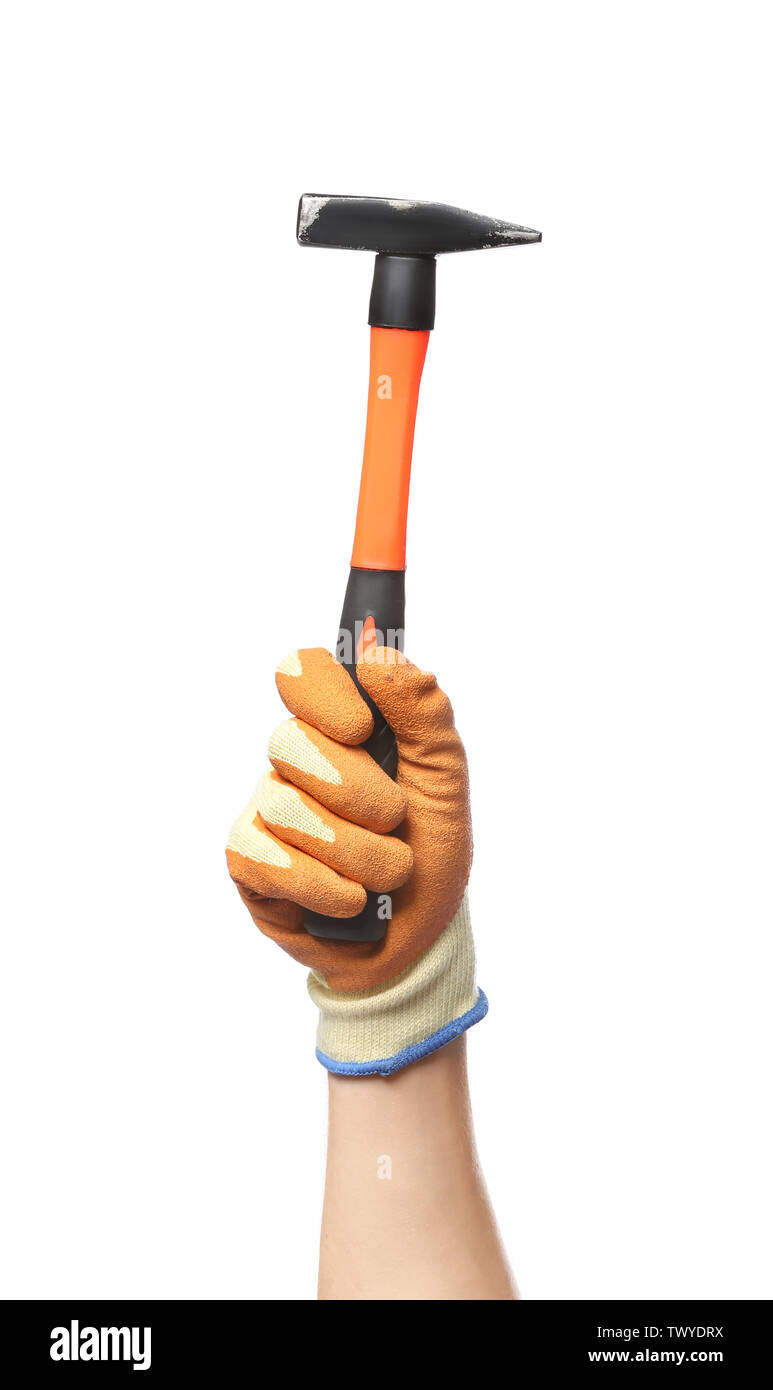 Male hand with hammer on white background Stock Photo - Alamy