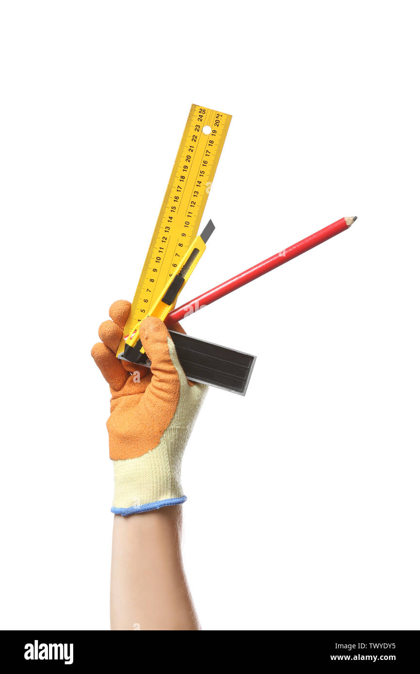 Male hand with tools on white background Stock Photo - Alamy