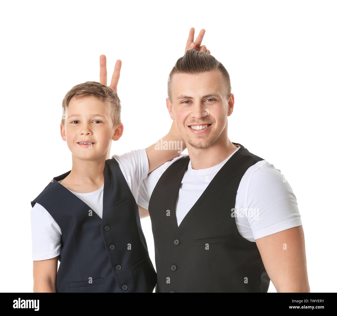 Portrait of funny father and son on white background Stock Photo - Alamy