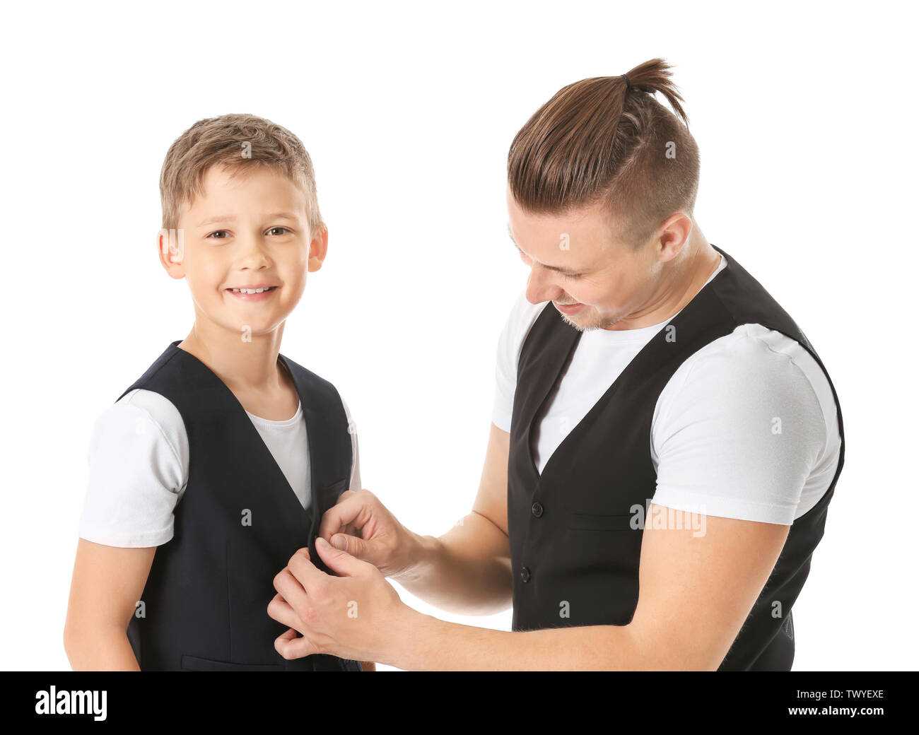 Portrait of happy father and son on white background Stock Photo - Alamy