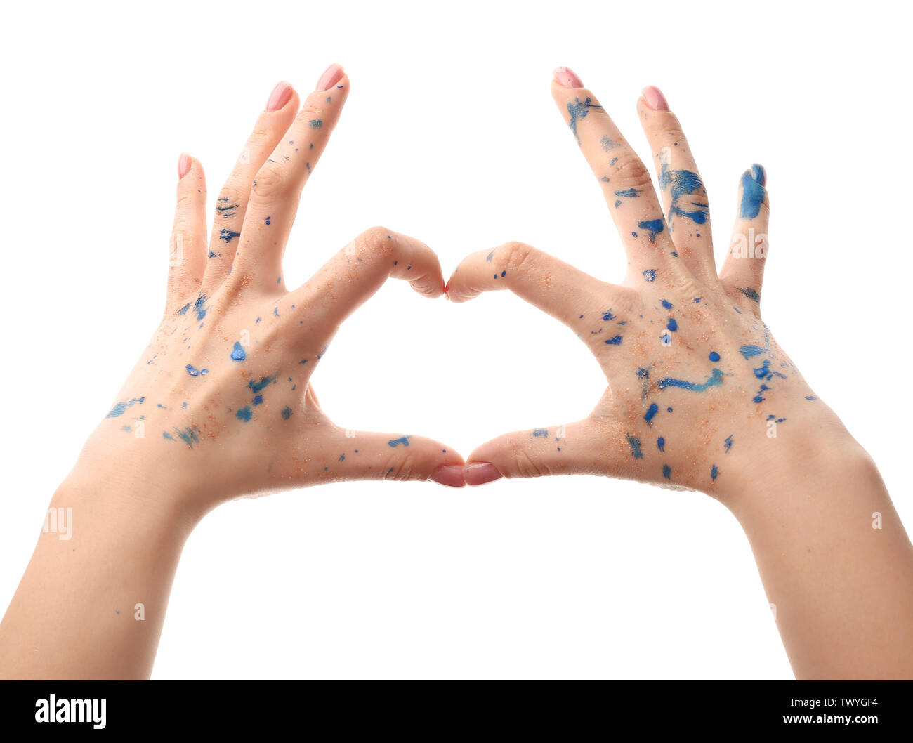 Female hands with paint showing heart shape on white background Stock ...