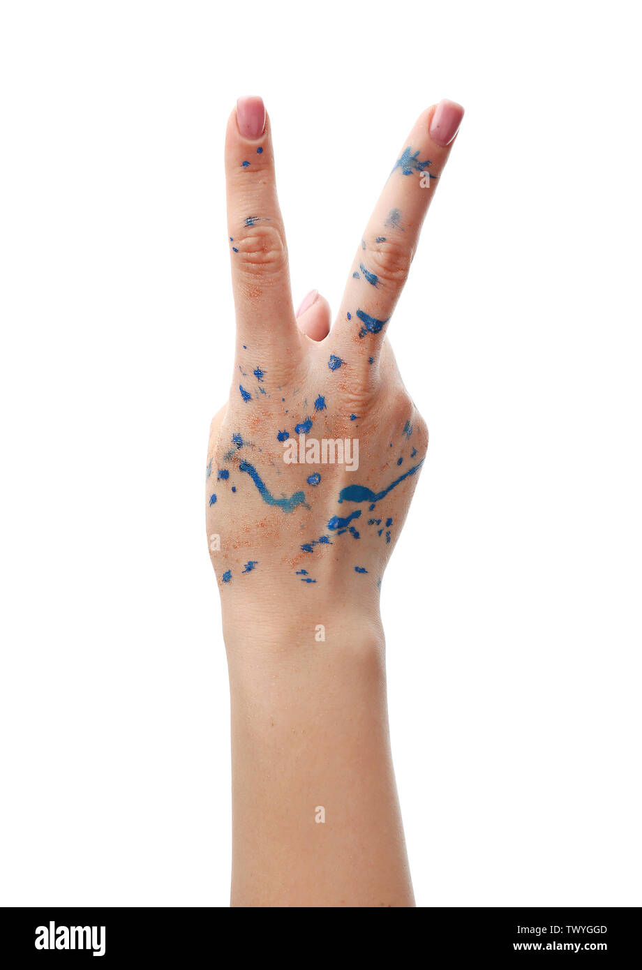 Female hand with paint showing victory gesture on white background ...