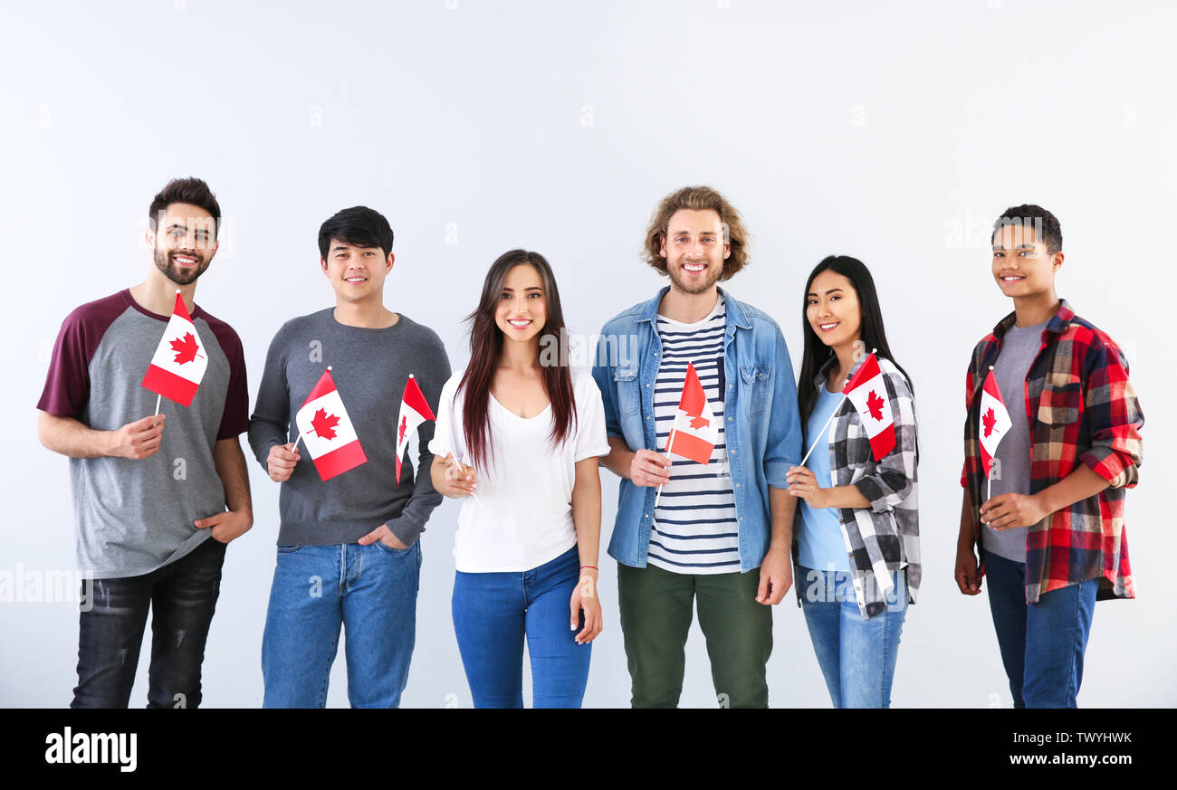 Group of students with Canadian flags on light background Stock Photo ...