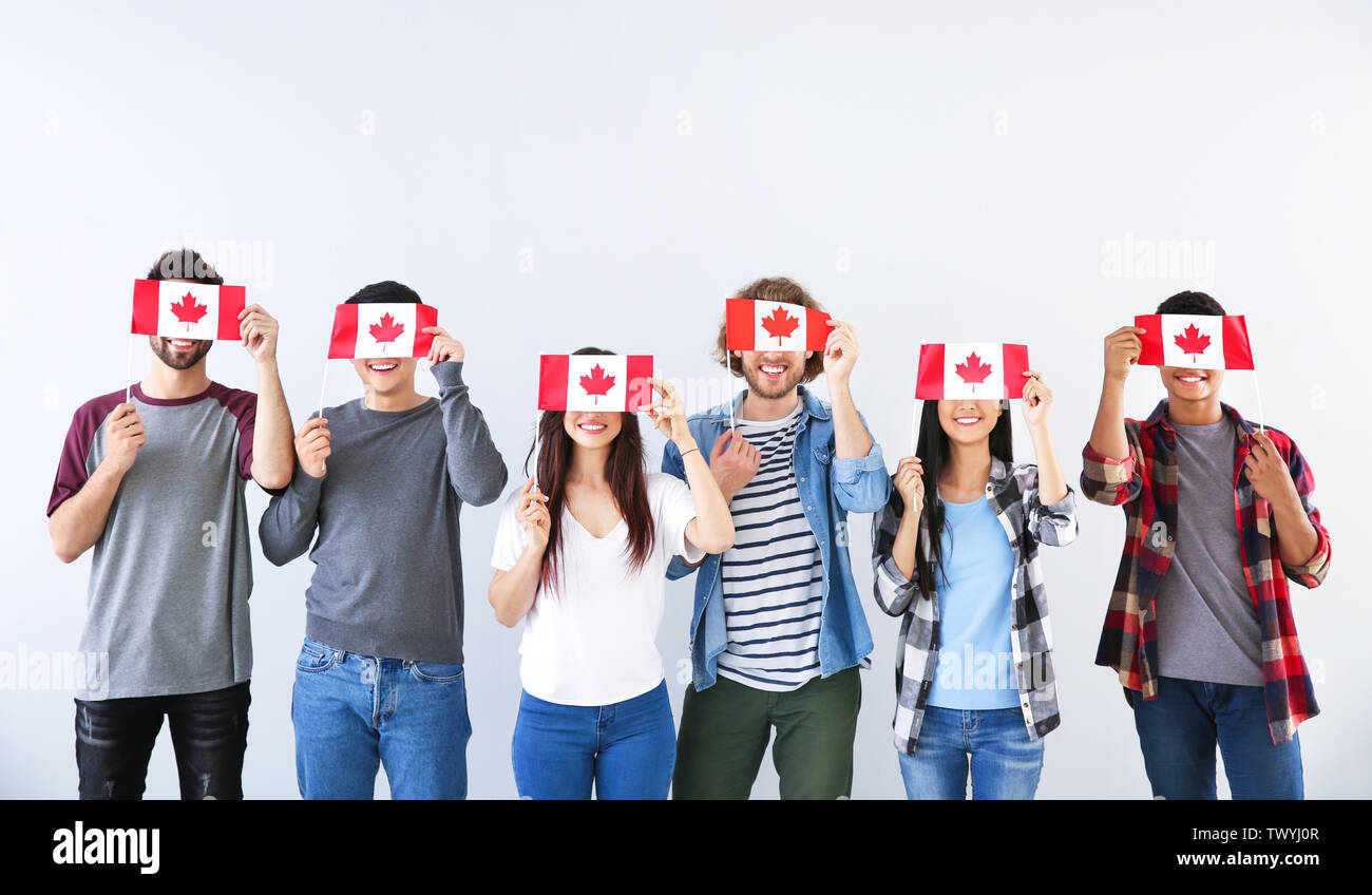 Group of students with Canadian flags on light background Stock Photo ...