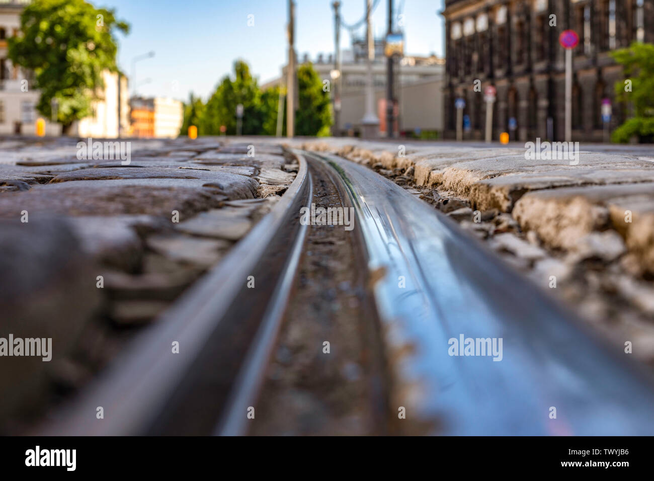 Tramway track seen from the ground level, old town Poznan, Poland Stock ...