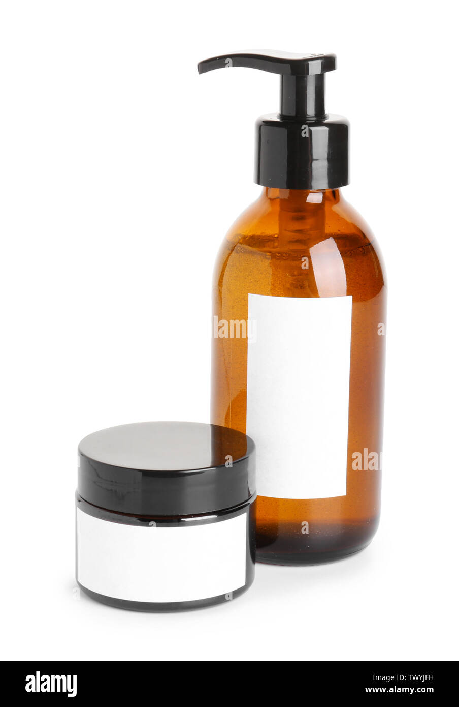 Different shampoo on white background Stock Photo - Alamy