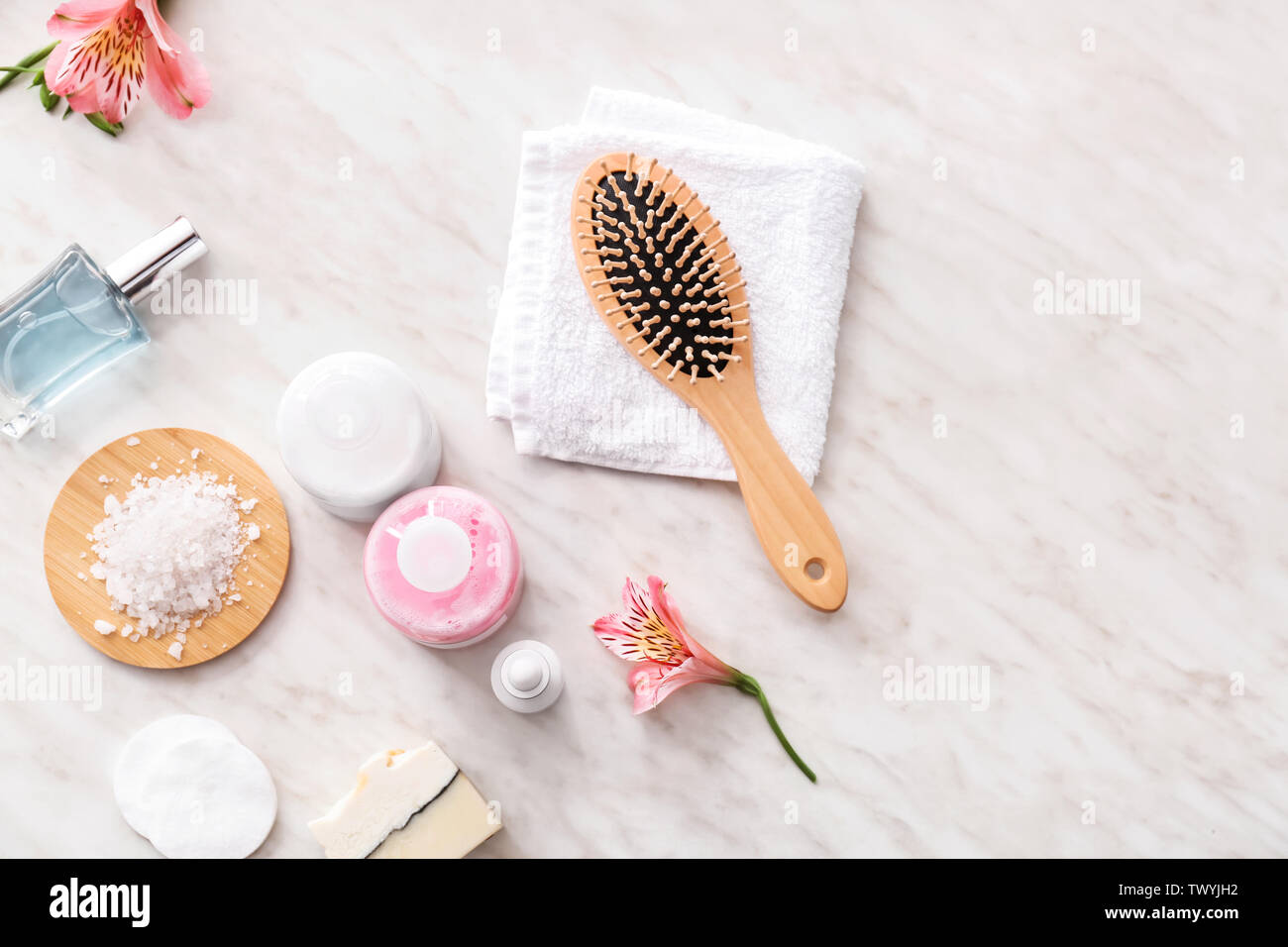 Different cosmetics for personal hygiene on white table Stock Photo - Alamy