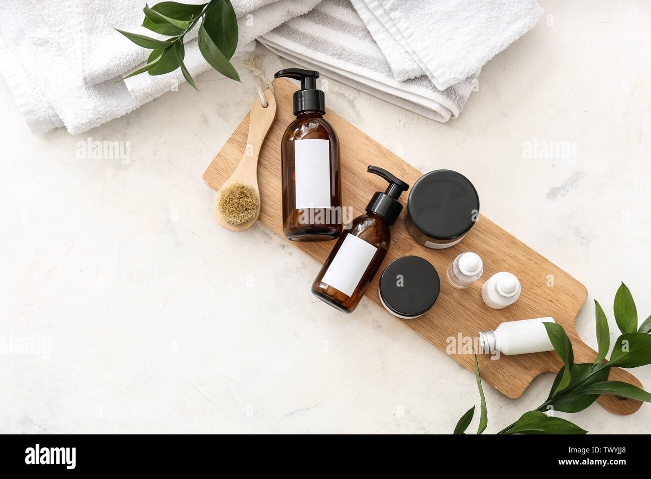 Set of cosmetics for personal hygiene on table Stock Photo - Alamy