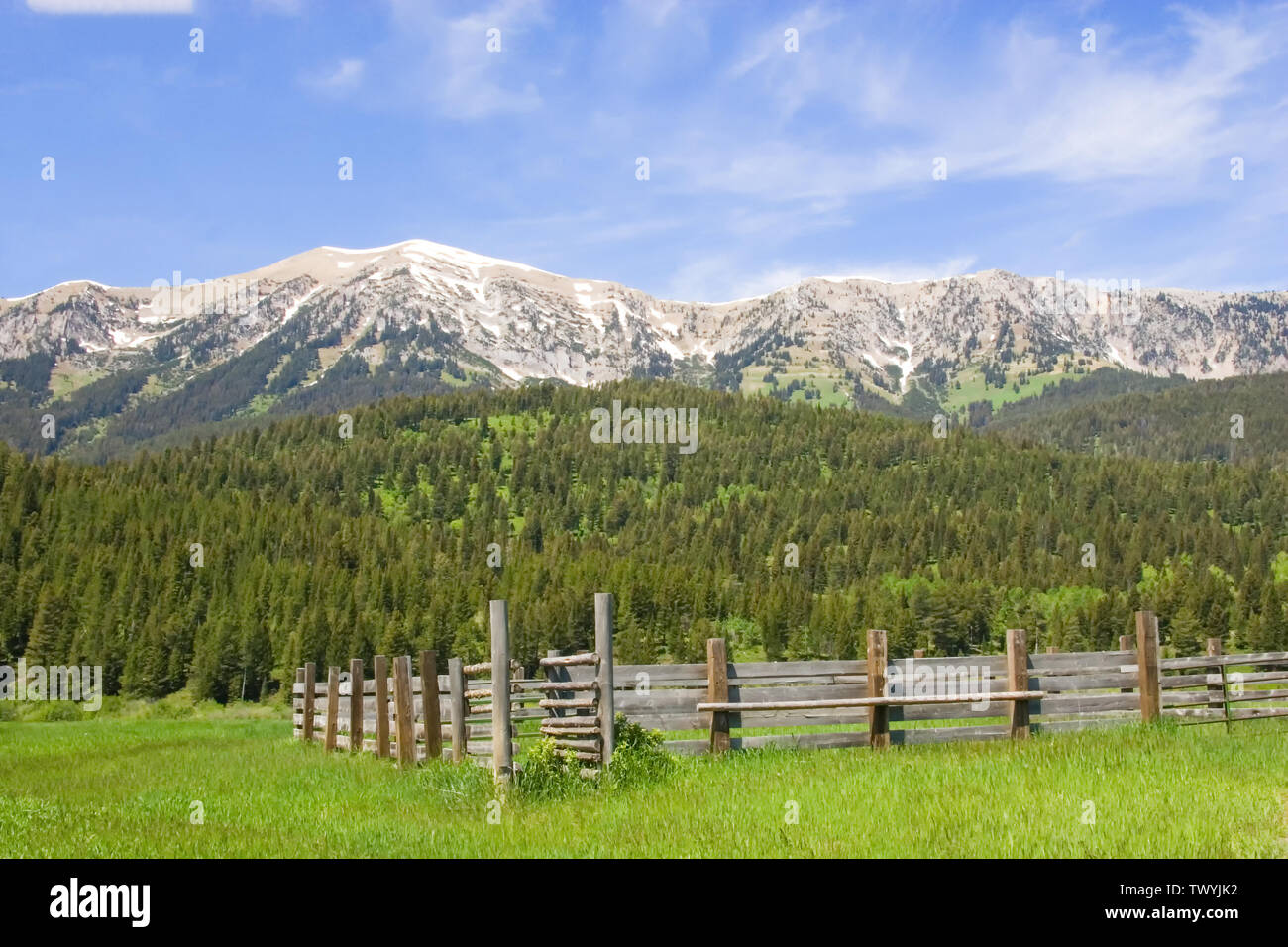 Bozeman, Montana, USA. Bridger Mountains landscape with wooden corral ...