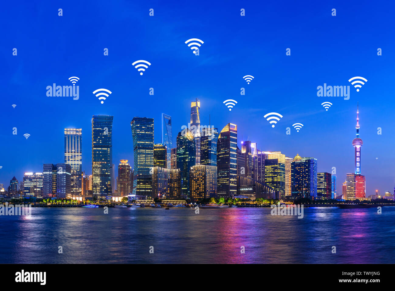 Modern city with wireless network connection concept in Shanghai Stock ...