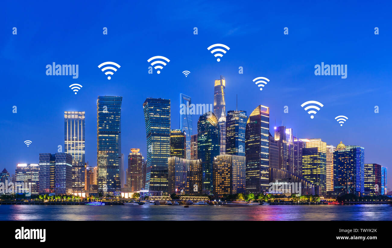 Modern city with wireless network connection concept in Shanghai Stock ...