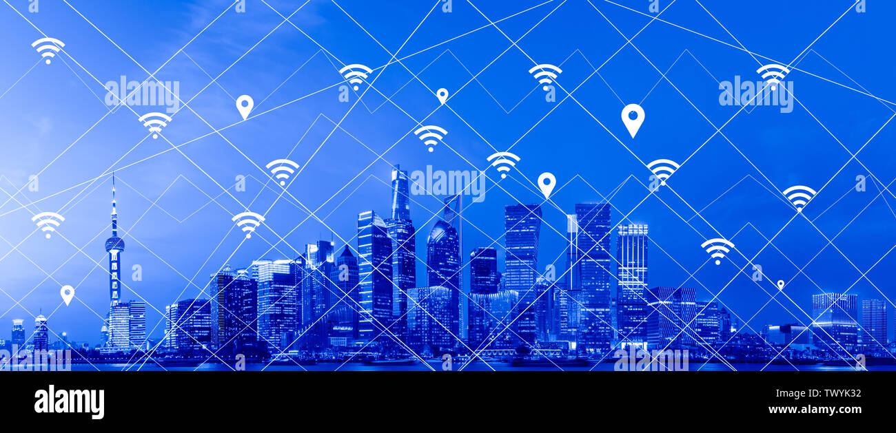 Modern city with wireless network connection concept in Shanghai Stock ...