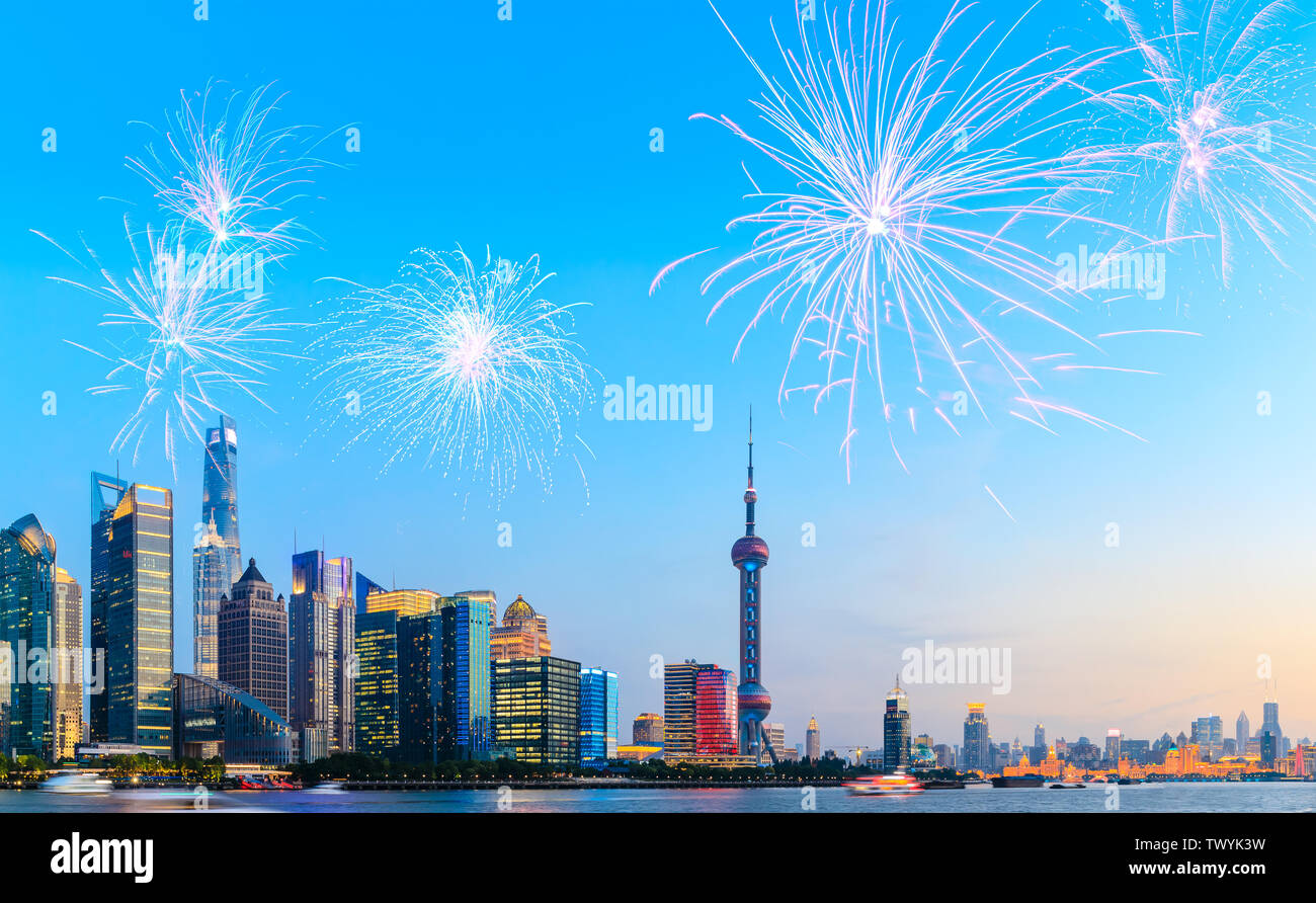 Fireworks and cityscape in Shanghai at night Stock Photo - Alamy