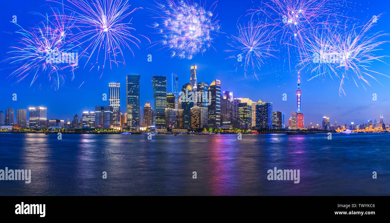 Fireworks and cityscape in Shanghai at night Stock Photo - Alamy