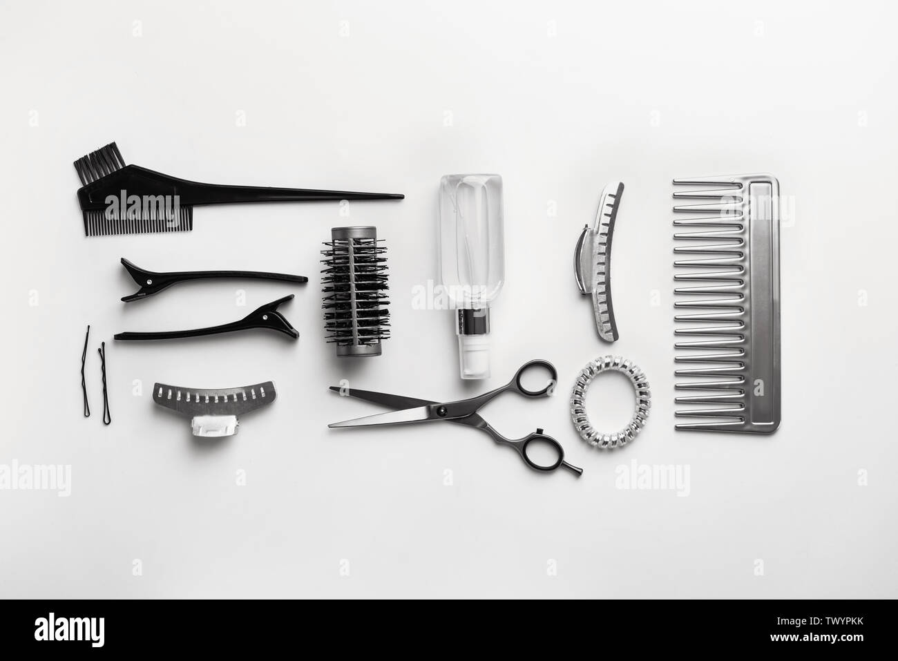 Set of hairdresser tools and accessories on white background Stock ...
