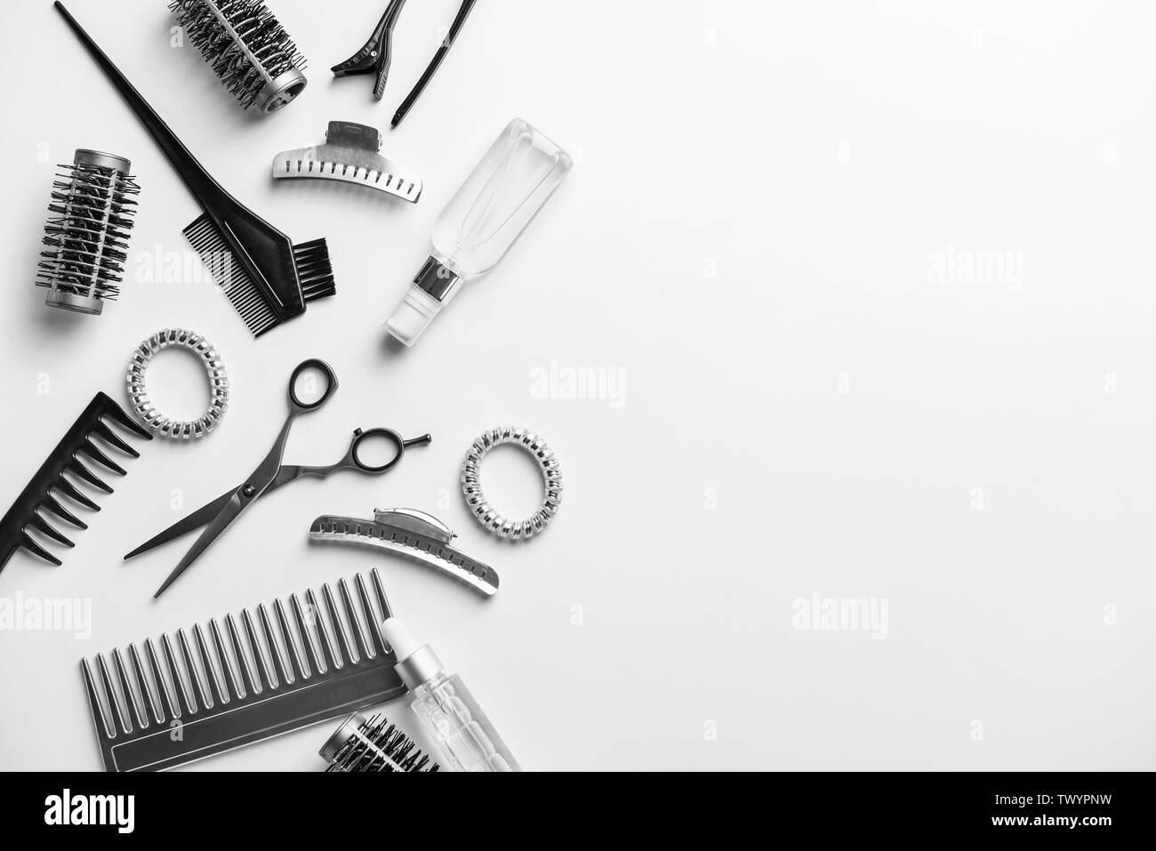 Set of hairdresser tools and accessories on white background Stock ...