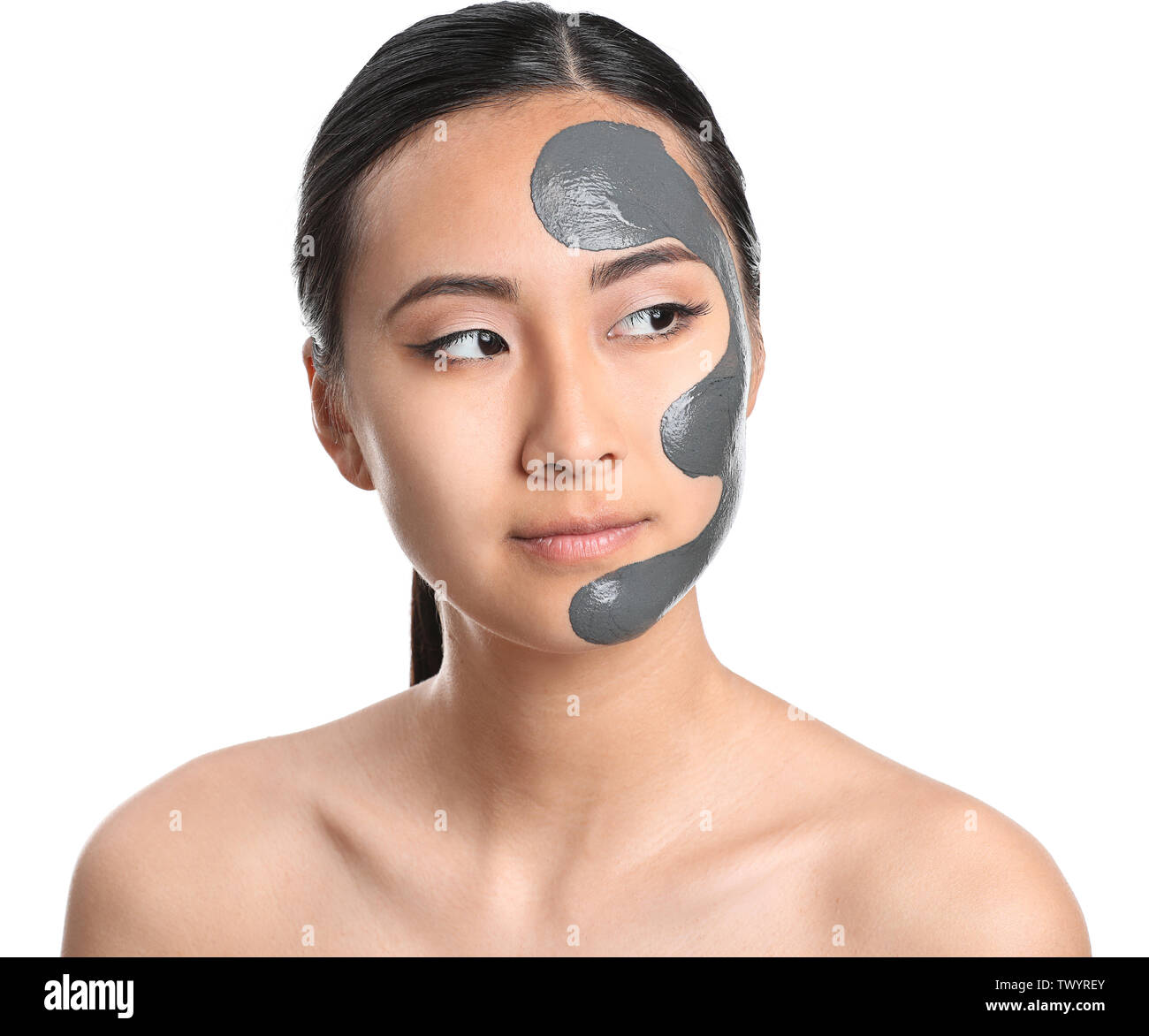 Beautiful Asian woman with facial mask on white background Stock Photo ...