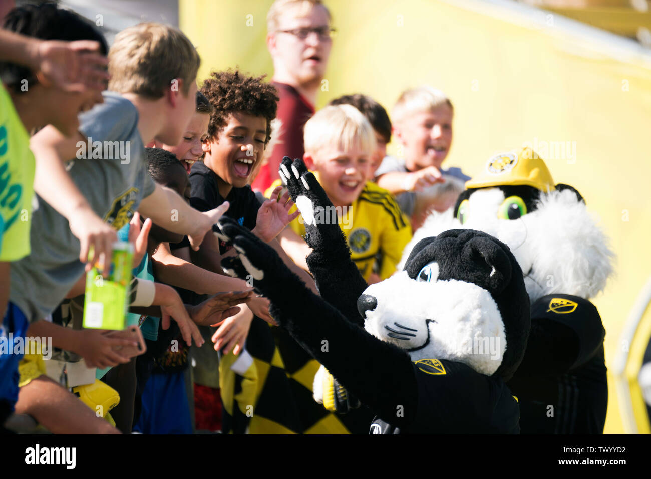 Football mascot with children hi-res stock photography and images - Alamy