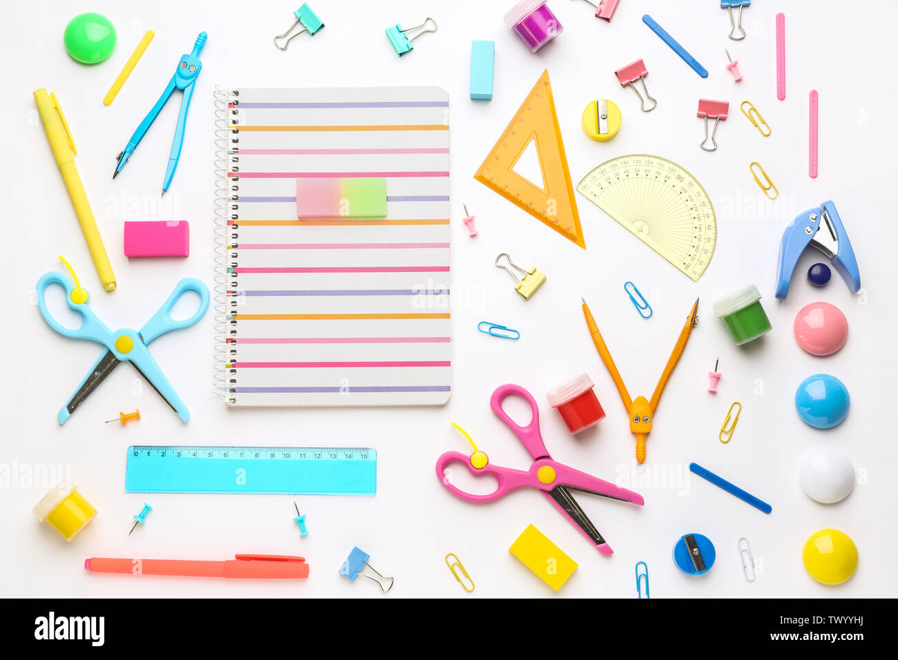 Set of school supplies on white background Stock Photo - Alamy