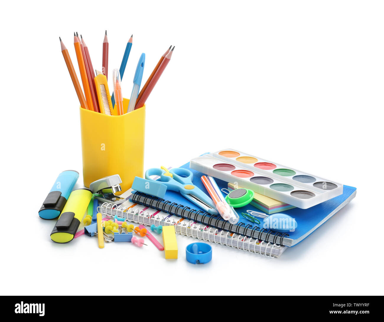 Set of school supplies on white background Stock Photo - Alamy