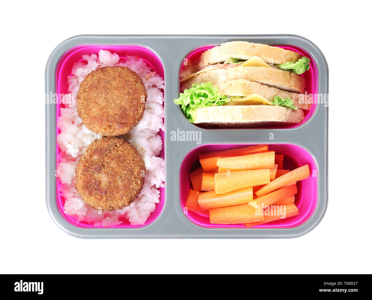 Lunch box with tasty food on white background Stock Photo - Alamy
