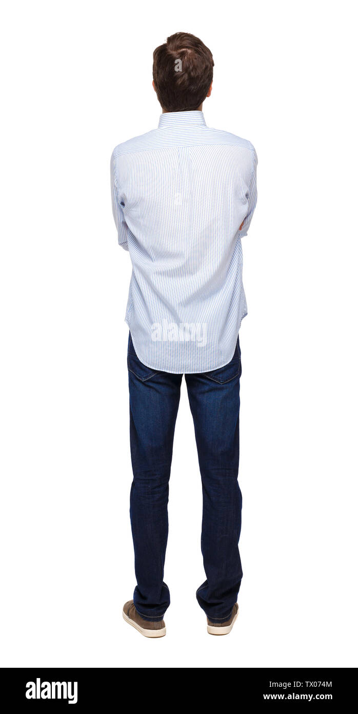 Back view of man in dark jeans. Standing young guy. Rear view people ...